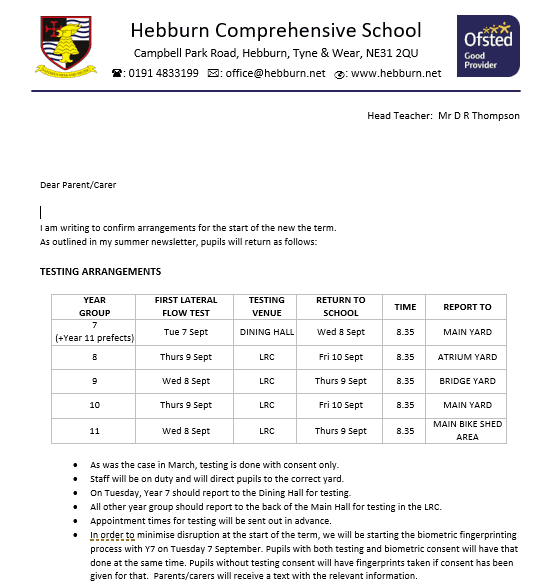 Letter to Parents - Confirming Start of Term Arrangements - Hebburn ...