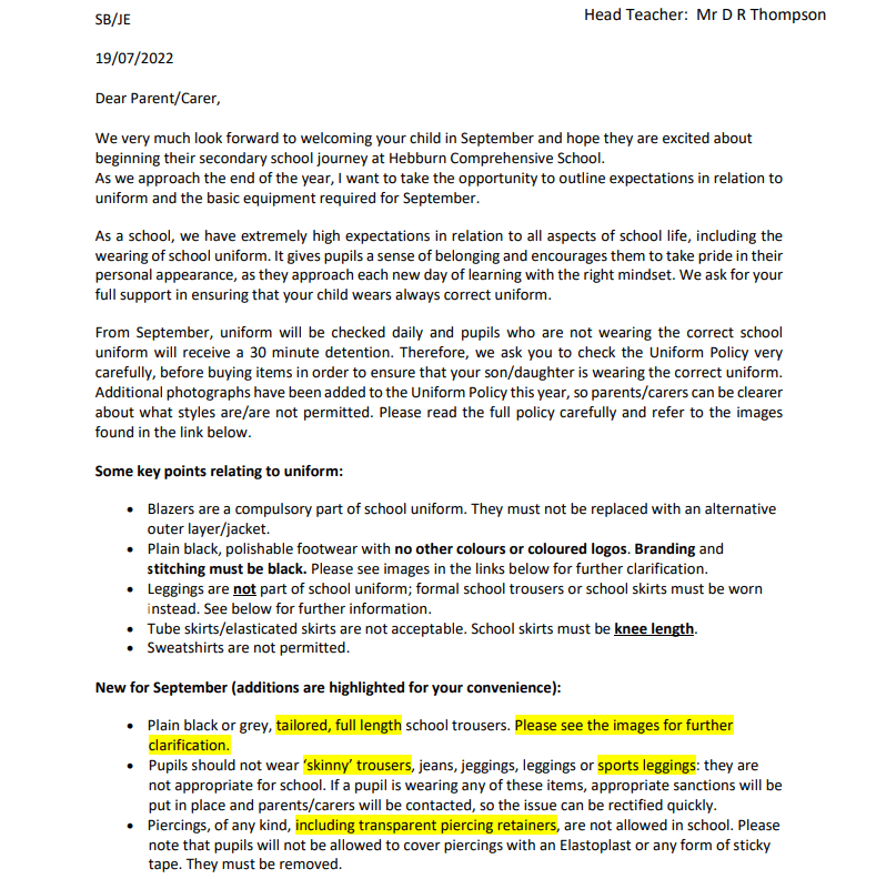 Year 7 Uniform Letter 19.7.22 - Hebburn Comprehensive School