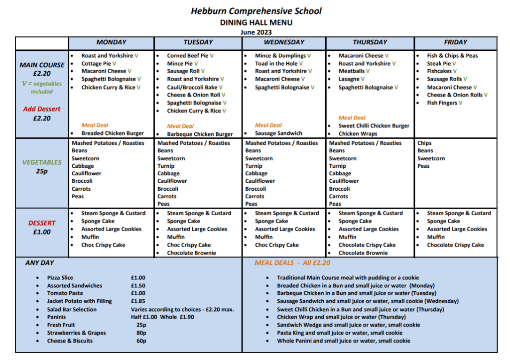School Lunch Menu - Hebburn Comprehensive School