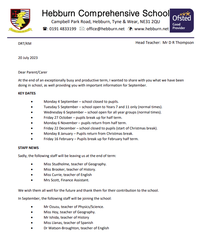 Summer Newsletter 2023 - Hebburn Comprehensive School